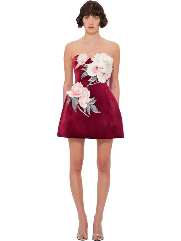 LEO LIN Rosanne Velvet Appliqué Floral Bustier Mini Dress - Garnet
