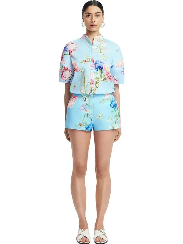 LEO LIN Olivianne Printed Mini Shorts - Garden Print In Baby Blue