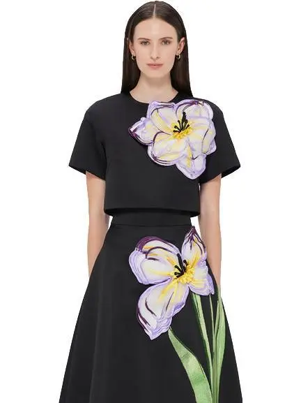 LEO LIN Appliqué Sleeve Top - Iris Print In Ebony