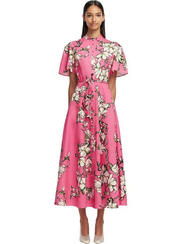LEO LIN Bianca Short Sleeve Midi Dress - Pink Magnolia Print