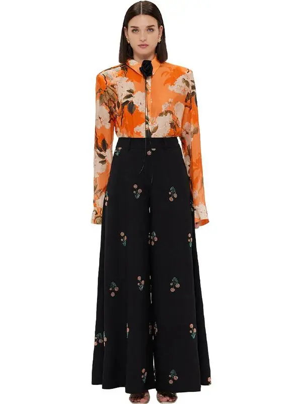 LEO LIN Embellished Wide Leg Pants - Wildflower Beading