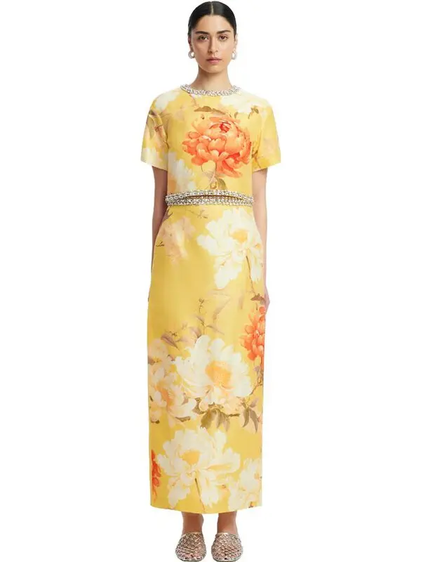 LEO LIN Indie Embellished Sleeve Top - Peony Print In Yellow