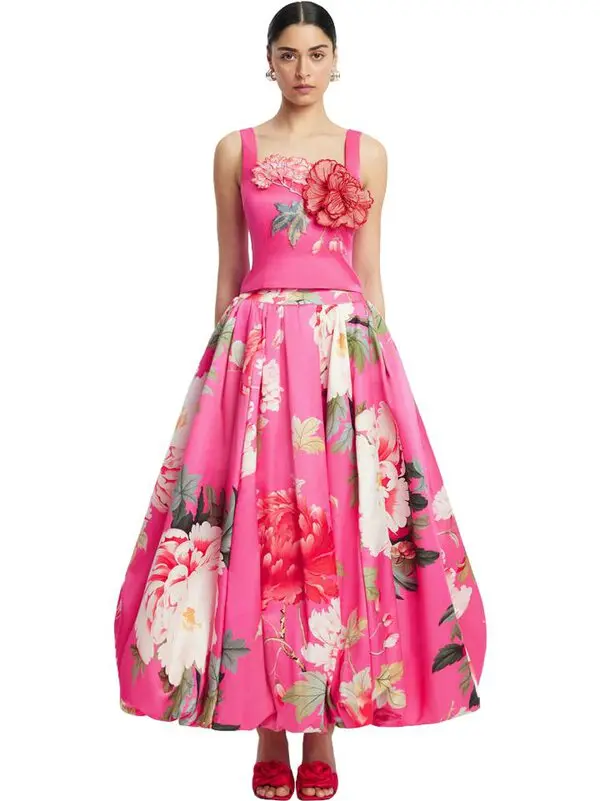 LEO LIN Victoria Puff Maxi Skirt - Peony Print In Fuchsia
