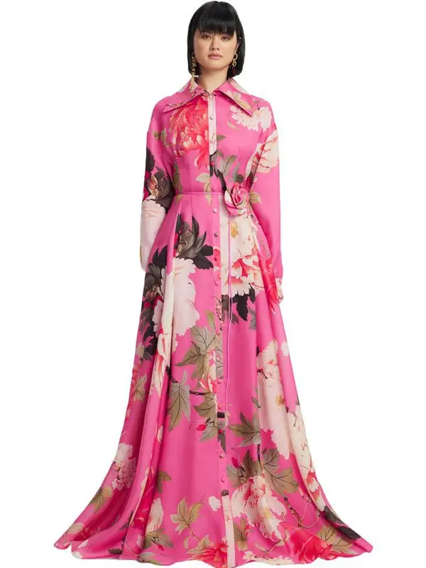 LEO LIN Josephine Silk Gown - Peony Print In Fuchsia