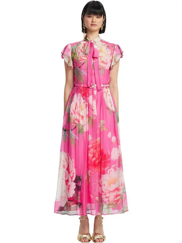LEO LIN Grace Flutter Sleeve Midi Dress - Peony Print In Fuchsia