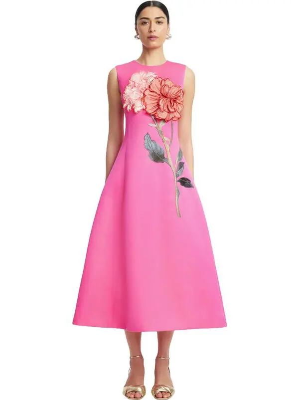 LEO LIN Cleo Appliqué Midi Dress - Peony Print In Fuchsia