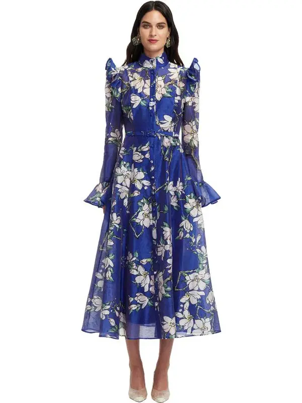 LEO LIN Butterfly Sleeve Midi Dress - Midnight Magnolia Print