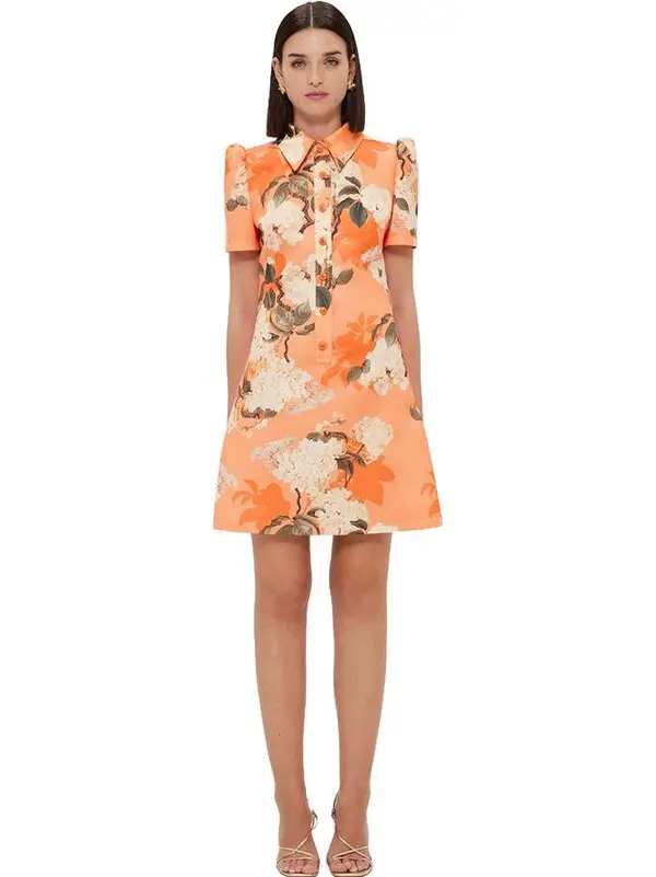 LEO LIN Brooke Mini Dress - Hydrangea Print In Tangerine