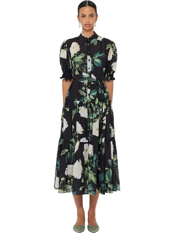 LEO LIN Ellie Bishop Sleeve Midi Dress - White Rose Print