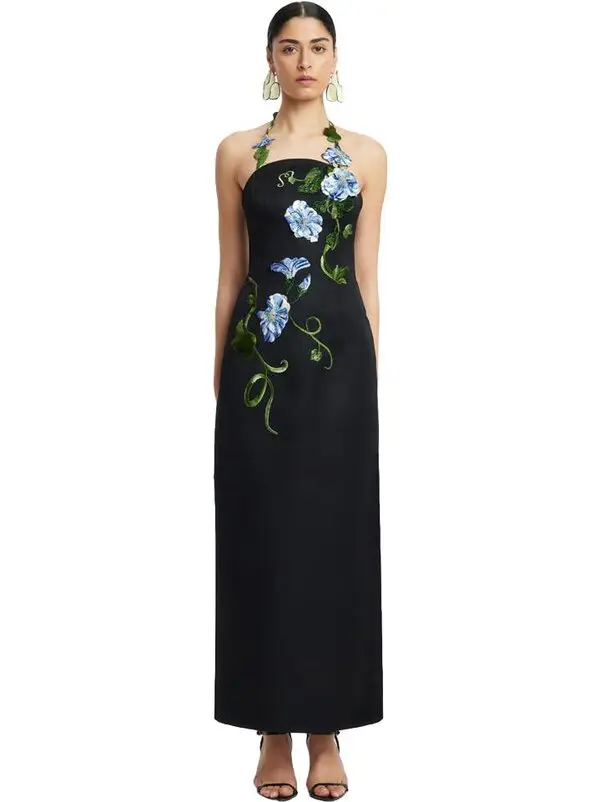 LEO LIN Ava Halterneck Appliqué Floral Bustier Maxi Dress - Vine Print In Ebonyvine Print In Ebony