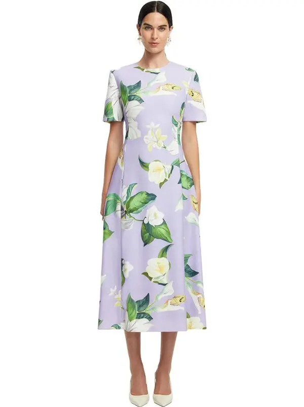 LEO LIN Printed Short Sleeve Midi Dress - Lily Blossom Print In Lilac