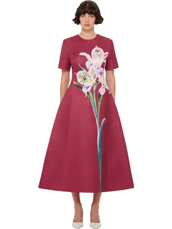 LEO LIN Caroline Short Sleeve Midi Dress - Lily Print In Burgundy