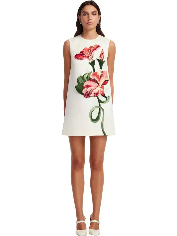 LEO LIN Yvonne Appliqué Floral Mini Dress - Vine Print In Snow