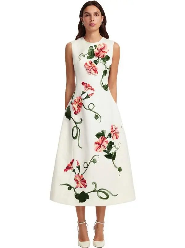 LEO LIN Cleo Appliqué Midi Dress - Vine Print In Snow