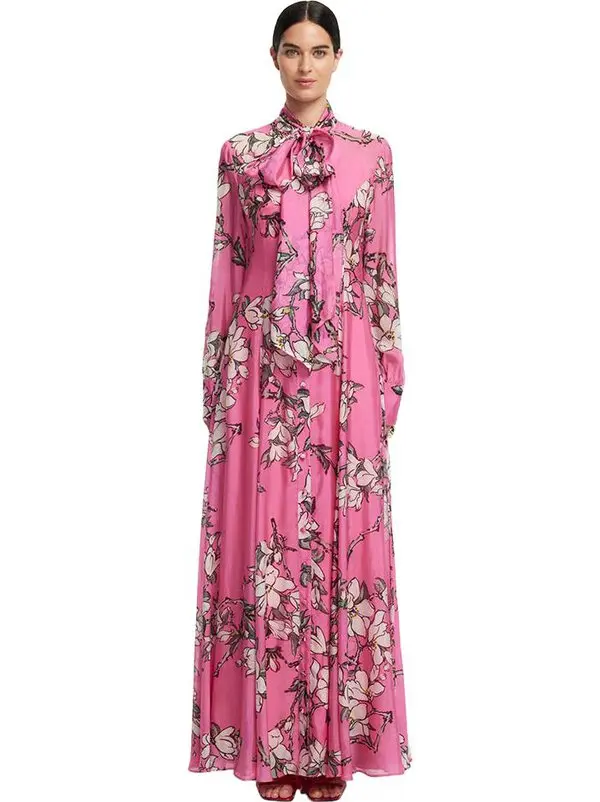 LEO LIN Lilith Tie Neck Maxi Dress - Pink Magnolia Print