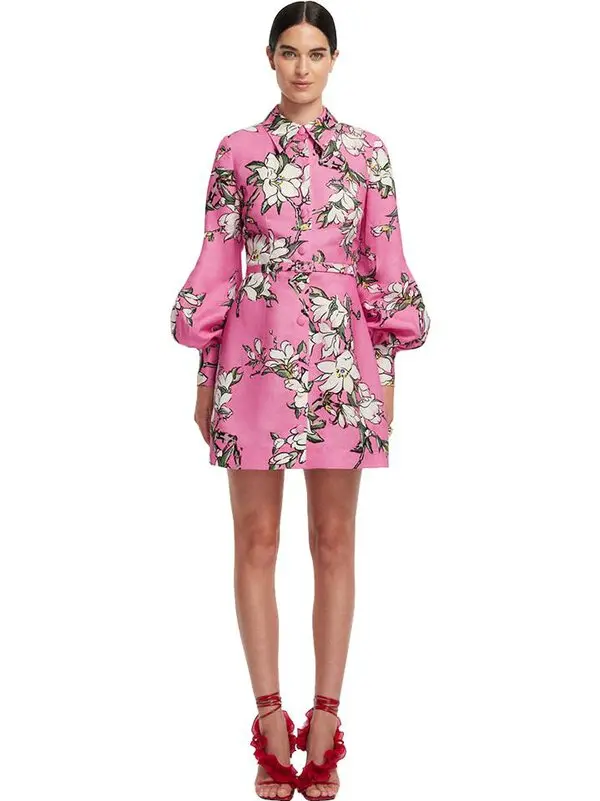 LEO LIN Luminous Linen Mini Dress - Pink Magnolia Print