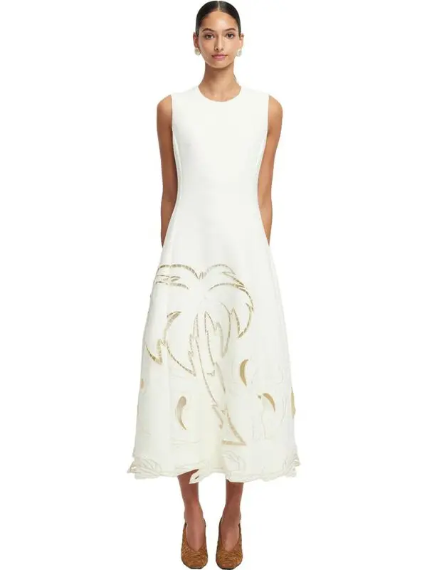 LEO LIN Cleo Palm Sleeveless Midi Dress - Vanilla