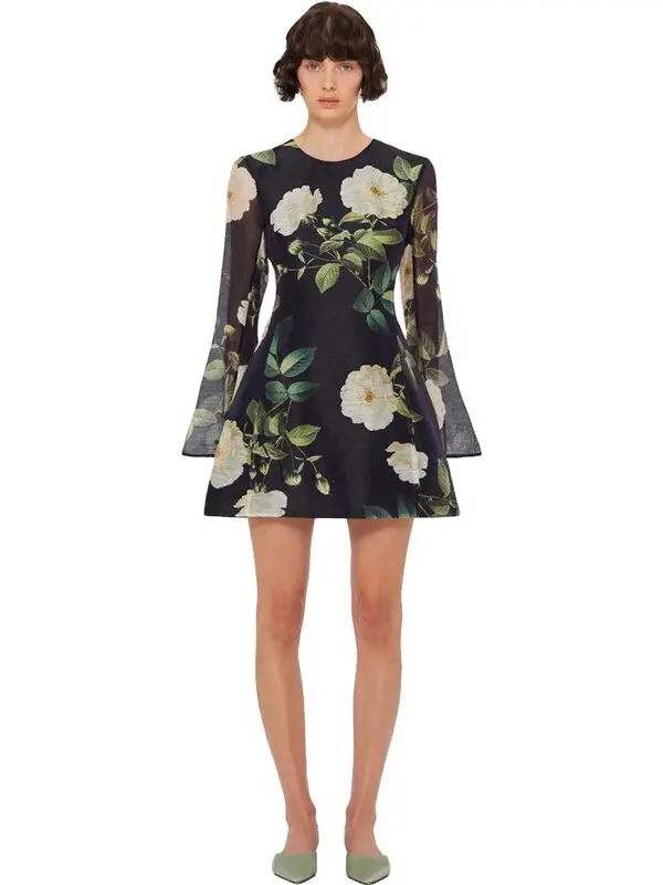LEO LIN Suzanne Bell Sleeve Mini Dress - White Rose Print