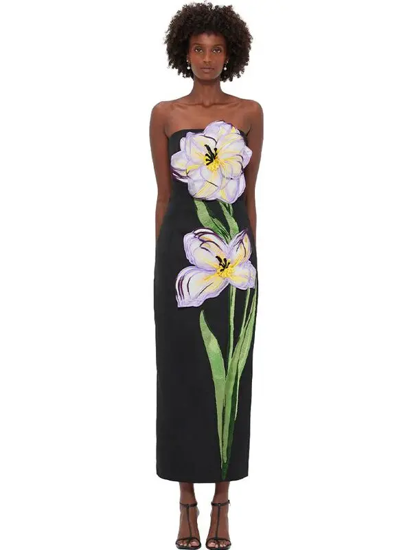 LEO LIN Rayna Appliqué Floral Maxi Dress - Iris Print In Ebony