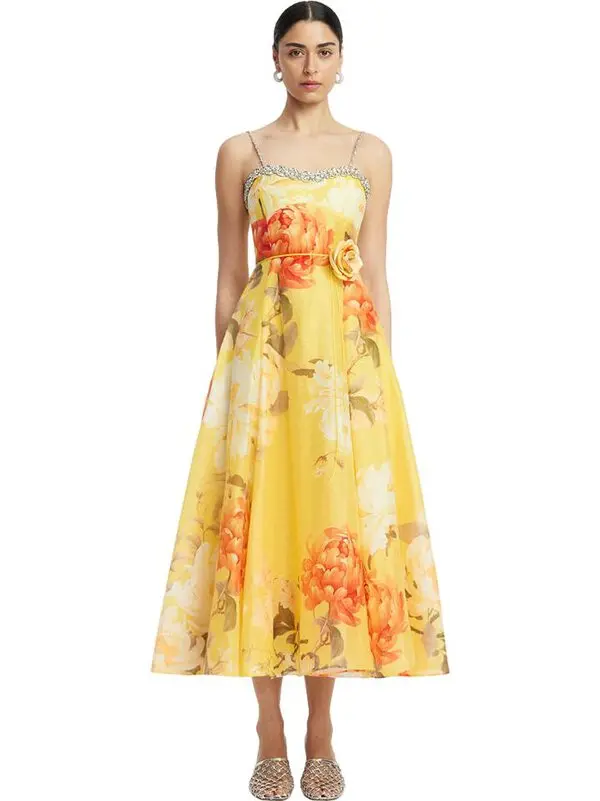 LEO LIN Mariela Embellished Midi Dress - Peony Print In Yellow