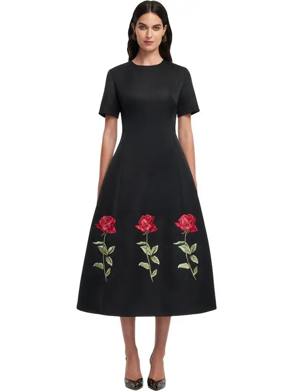 LEO LIN Caroline Embellished Rose Midi Dress - Ebony