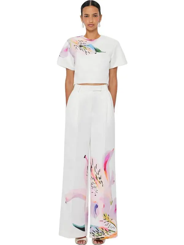 LEO LIN Elisha Wide Leg Pants - Lily Print In Snow