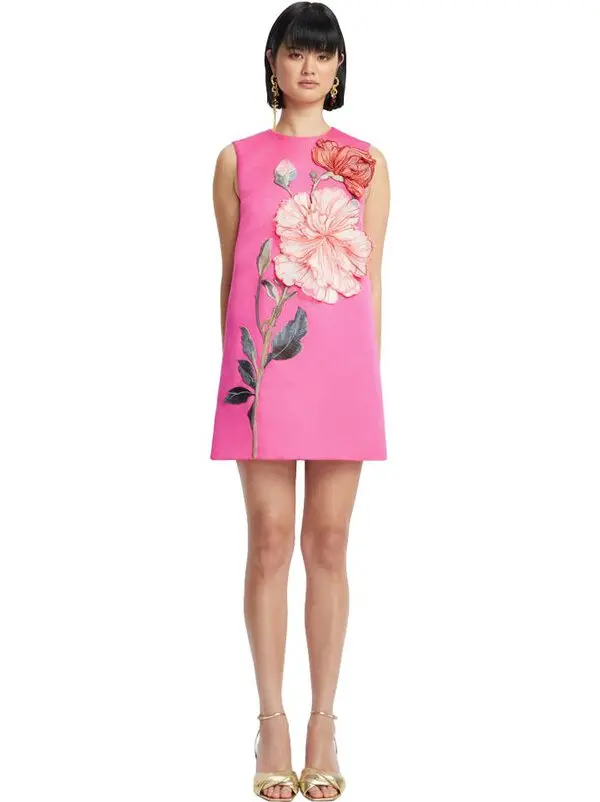 LEO LIN Yvonne Appliqué Floral Mini Dress - Peony Print In Fuchsia