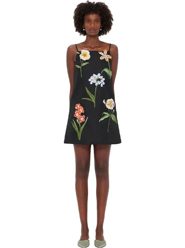 LEO LIN Leia Embroidered Mini Dress - Botanical Print In Ebony