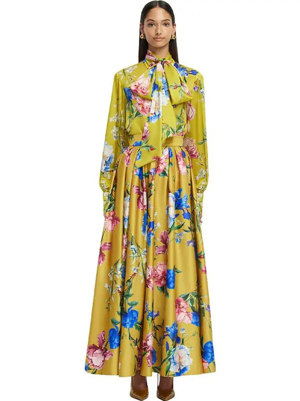 LEO LIN Reinette Maxi Skirt - Garden Print In Mustard