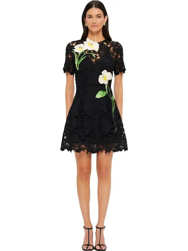 LEO LIN Margot Embroidered Lace Mini Dress - Ebony