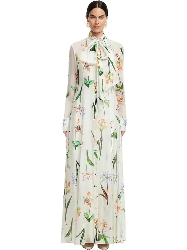 LEO LIN Lilith Tie Neck Maxi Dress - Botanical Print In Snow
