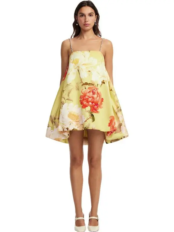 LEO LIN Embellished Puff Mini Dress - Peony Print In Yellow