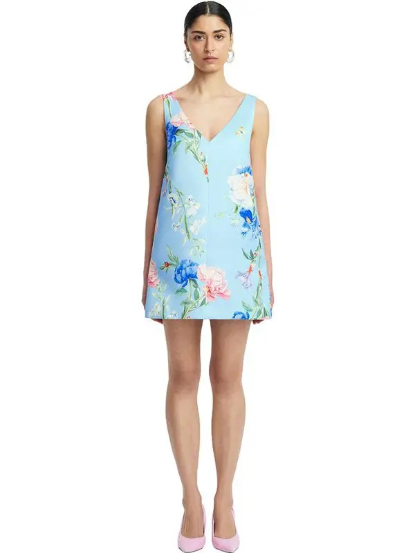 LEO LIN Kaelyn V-neck Mini Dress - Garden Print In Baby Blue