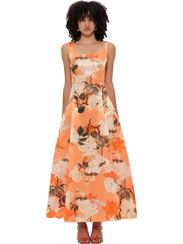 LEO LIN Charlotte Printed Maxi Dress - Hydrangea Print In Tangerine