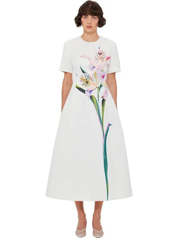 LEO LIN Caroline Short Sleeve Midi Dress - Lily Print In Snow