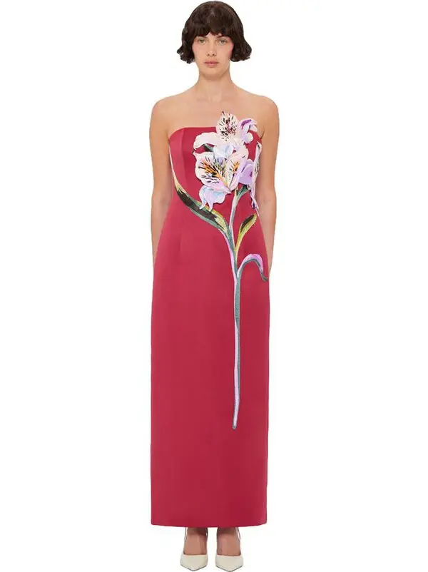 LEO LIN Rayna Appliqué Floral Maxi Dress - Lily Print In Oxblood