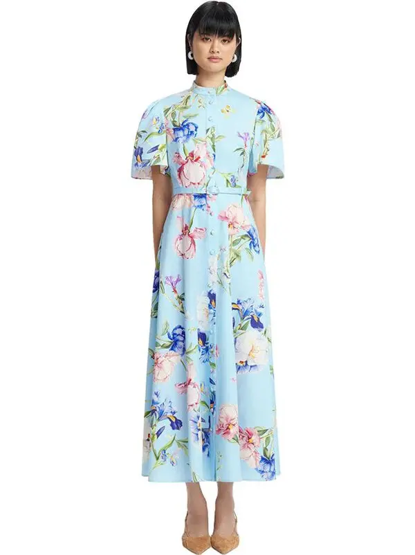 LEO LIN Bianca Short Sleeve Midi Dress - Garden Print In Baby Blue