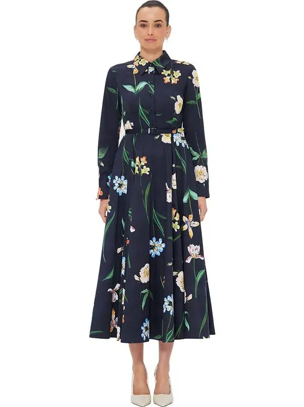 LEO LIN Zara Shirt Midi Dress - Botanical Print In Ebony