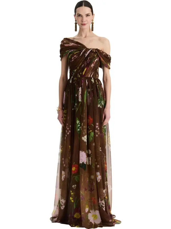 Oscar De La Renta Mixed Botanical Silk Chiffon Gown - One-color