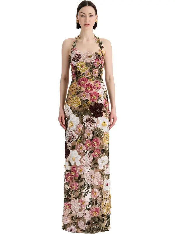 Oscar De La Renta Beaded Embroidered Halter Gown - One-color