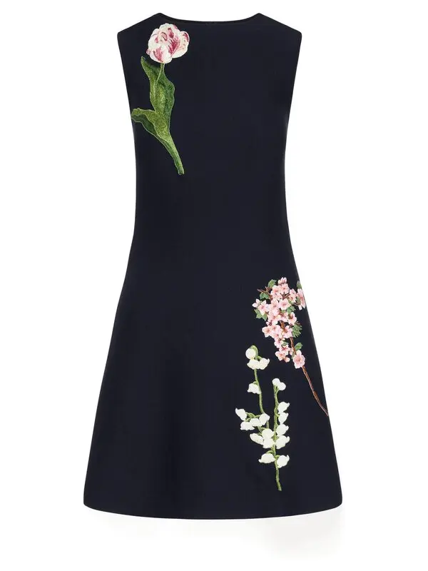 Oscar De La Renta Mixed Botanical Embroidered A-line Dress - Navy