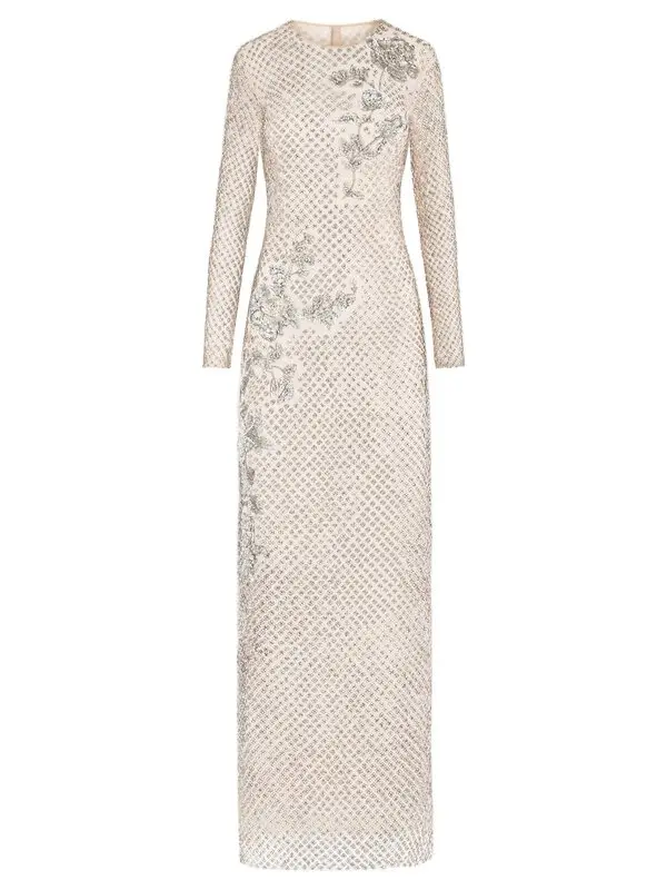 Oscar De La Renta Crystal Grid Floral Embroidered Gown - Silver
