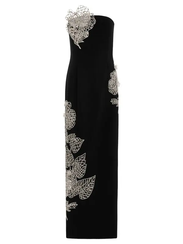 Oscar De La Renta Crystal Leaves Embroidered Cocktail Dress - Black