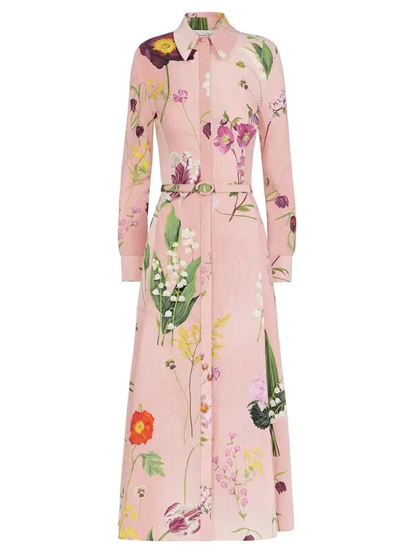 Oscar De La Renta Mixed Botanical Cotton Poplin Collared Midi Dress - Blush