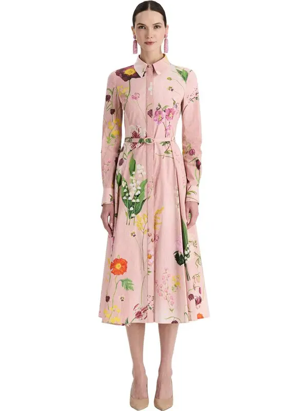 Oscar De La Renta Mixed Botanical Cotton Poplin Collared Midi Dress - One-color
