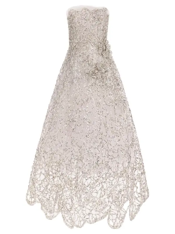 Oscar De La Renta Crystal Embroidered Strapless Gown - Silver