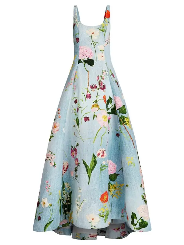 Oscar De La Renta Mixed Botanical Faille Gown - Blue