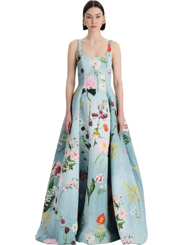 Oscar De La Renta Mixed Botanical Faille Gown - One-color