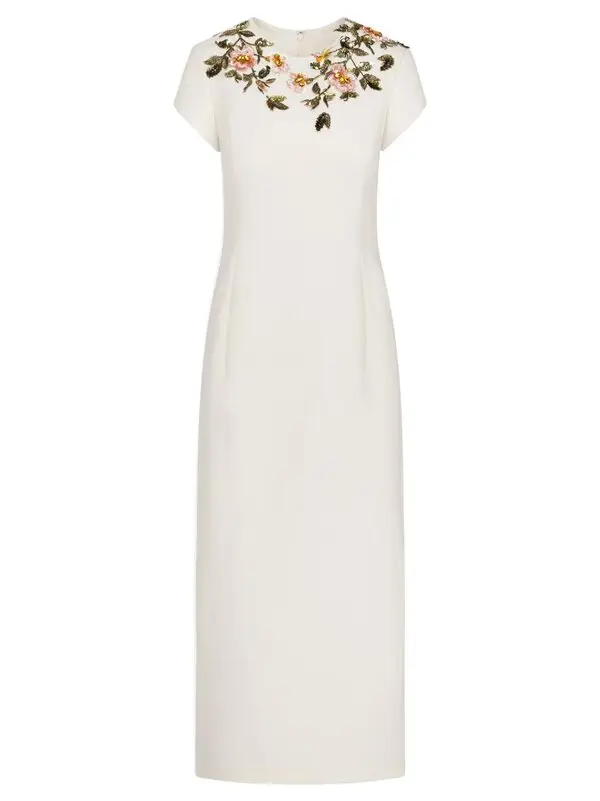 Oscar De La Renta Beaded Floral Embroidered Pencil Dress - Ivory