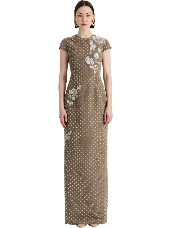 Oscar De La Renta Crystal Grid Floral Embroidered Gown - One-color